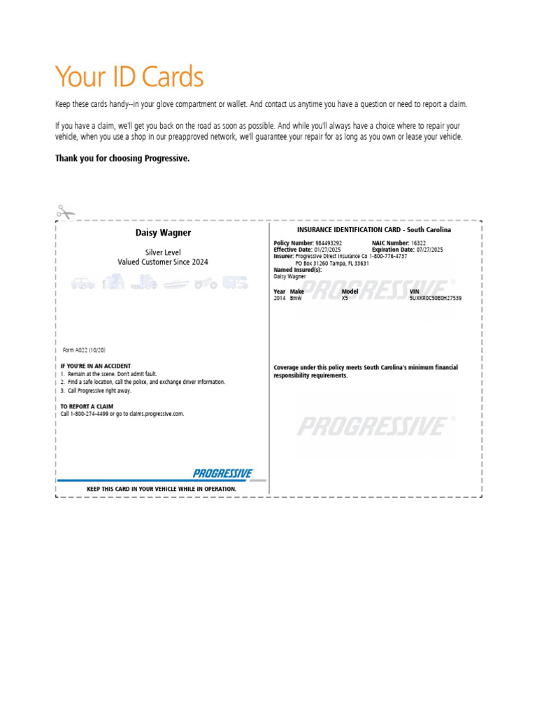 Progressive Insurance ID Card Guide | PDF | Vehicles | Insurance