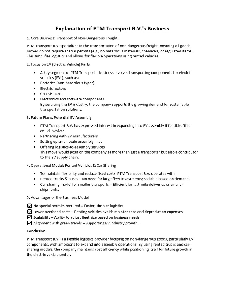 PTM Transport: EV Logistics & Future Plans | PDF