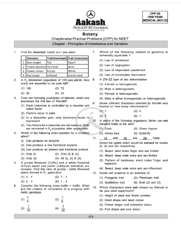 With Ans Principal of Inheritance Genetics Chapter 1 CPP | PDF