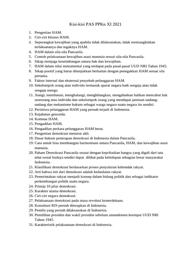 Kisi-Kisi PAS PPKN XI 2021 (Siswa) | PDF