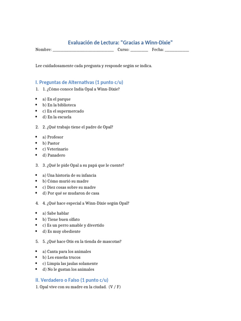 Evaluacion Gracias A Winn Dixie | PDF