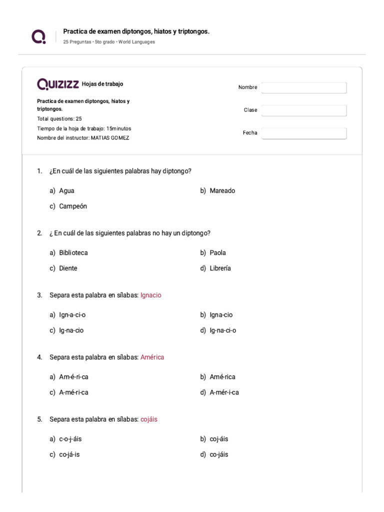 Practica de Examen Diptongos, Hiatos y Triptongos. - Quizizz | PDF ...