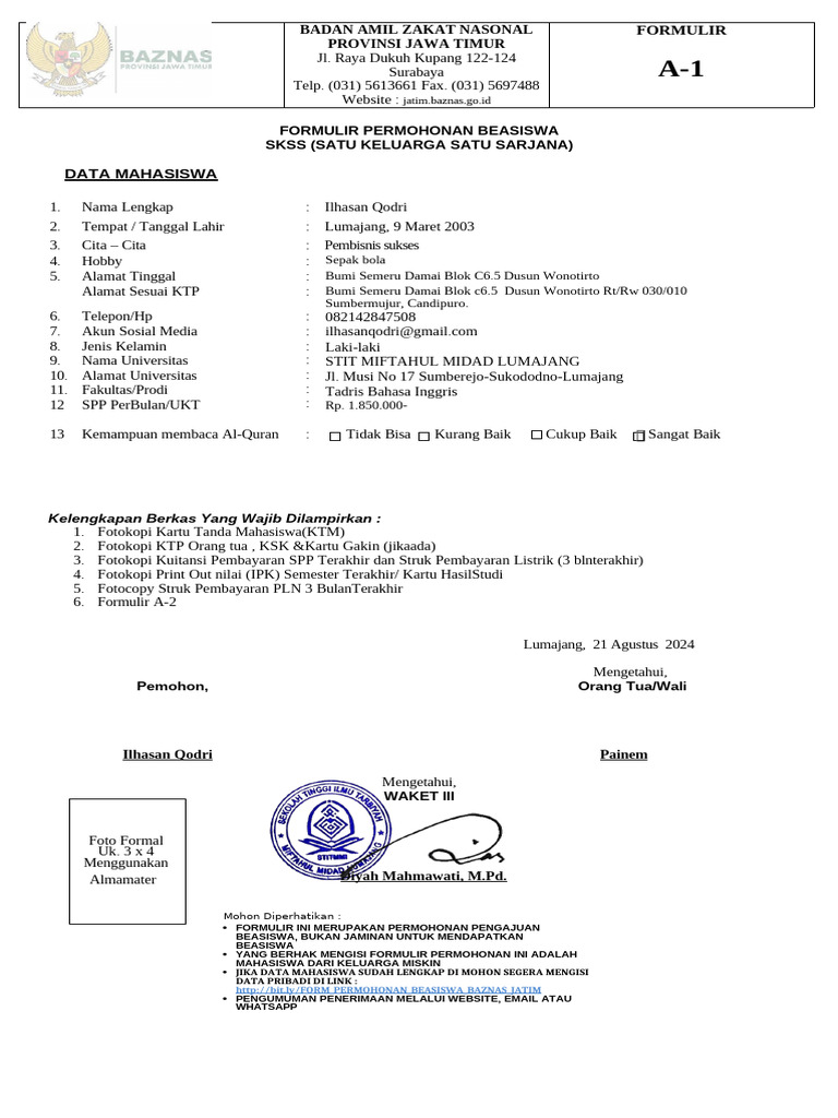 ILHASAN QODRI Pengajuan Beasiswa Baznas 2024 | PDF