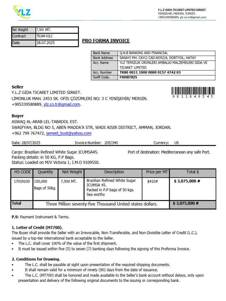 Proforma Inv Sugar 7500 | PDF | Letter Of Credit