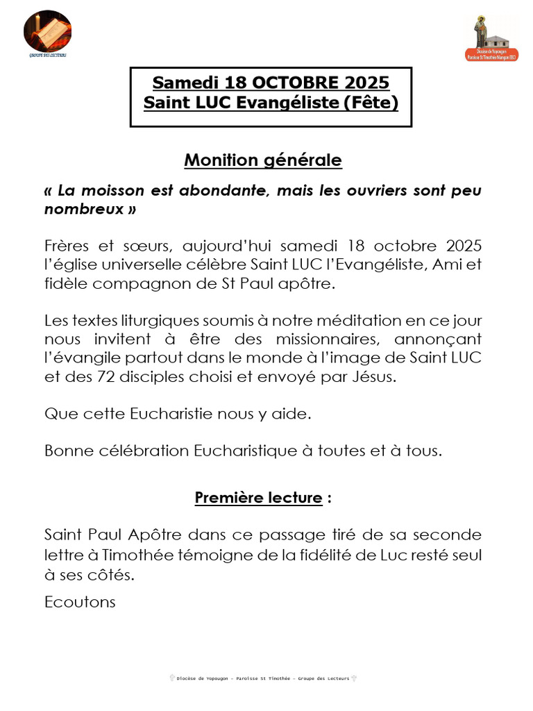 Messe en l'honneur de Saint Luc 2025 | PDF