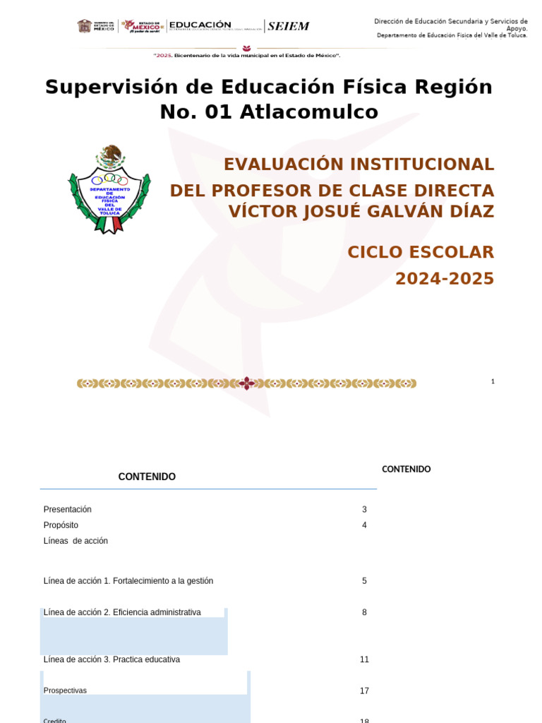 Evaluación Institucional Victor Josue Galvan Diaz 2024-2025 Del PCD ...