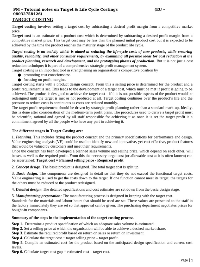 Target and Life Cycle Costings - 095143 | PDF | Profit (Economics ...