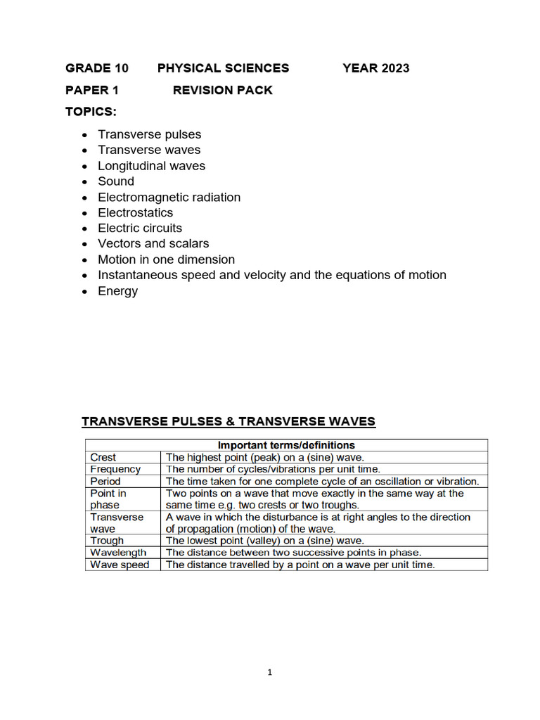 Grade 10 Physical Sciences Revision Pack | PDF