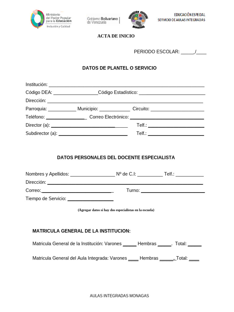 1 Env. Formato Acta de Inicio 2015 2016 | PDF