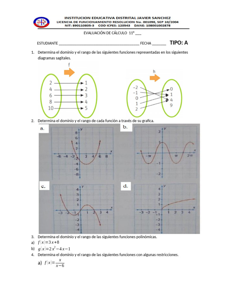 Taller de Calculo 11 - Dominio y Rango de Funciones | PDF