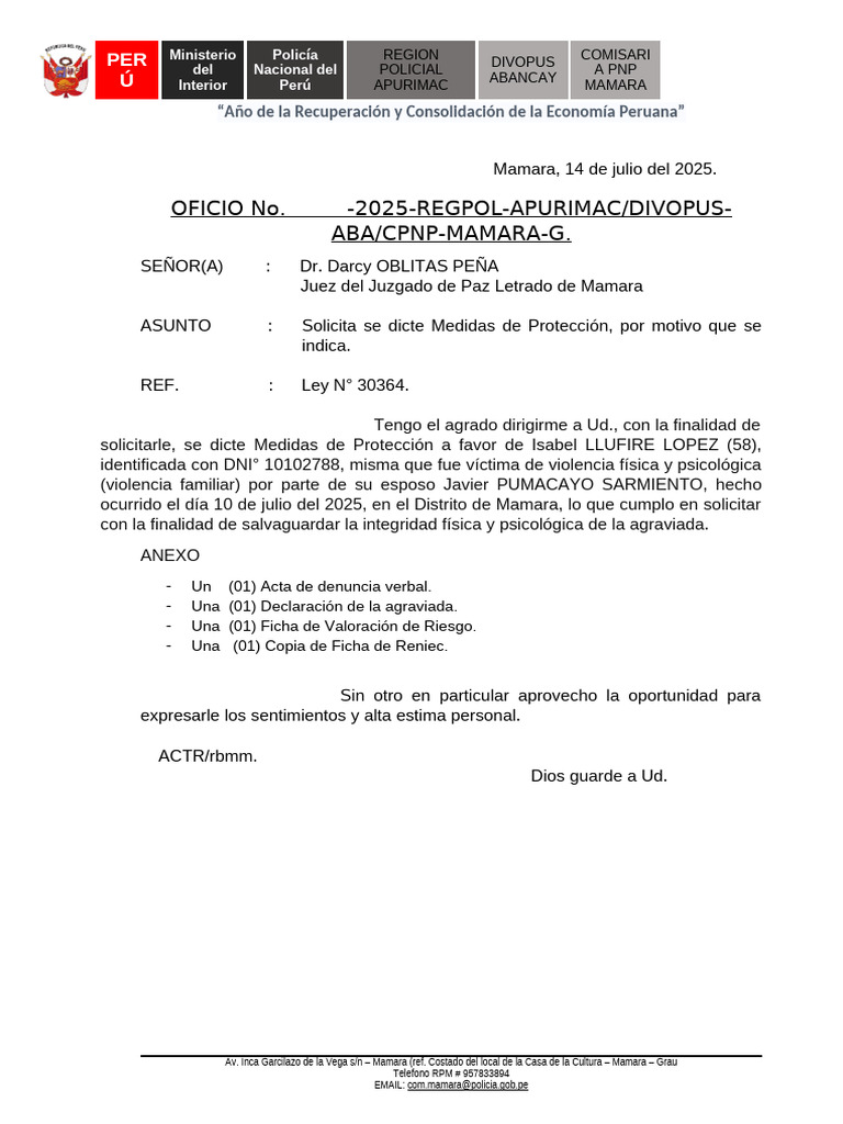 Oficio, Solicita Se Dicte Medidas de Proteccion | PDF | Crímenes | Crimen y violencia