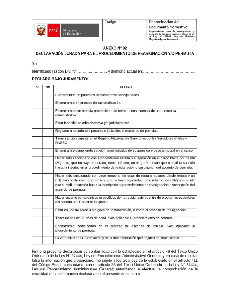 Anexo 02 Declaracion Jurada para Reasignacion | PDF | Gobierno | Justicia