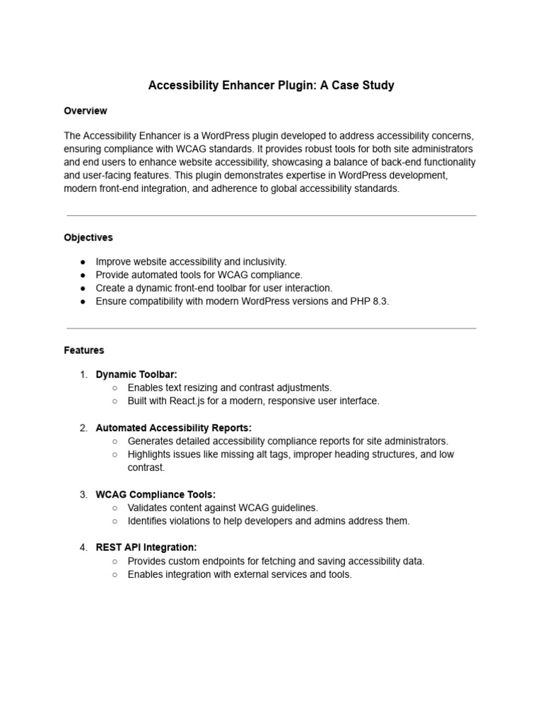 Accessibility Enhancer Plugin Case Study | PDF | Word Press | Php
