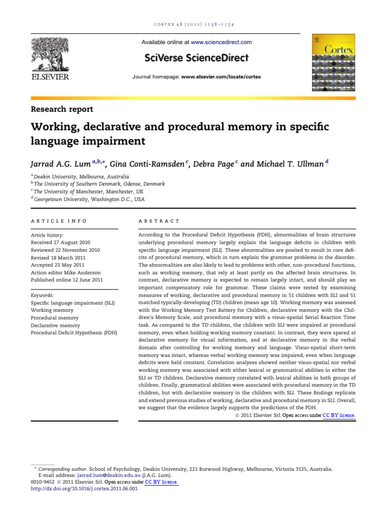Working, declarative and procedural memory | PDF | Memory | Working Memory