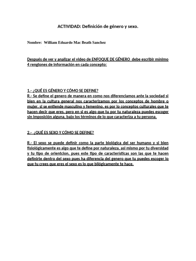 Actividad. Define El Concepto de Genero y Sexo | PDF