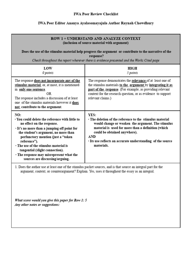 Raynha Peer Review Checklist | PDF | Citation | Argument