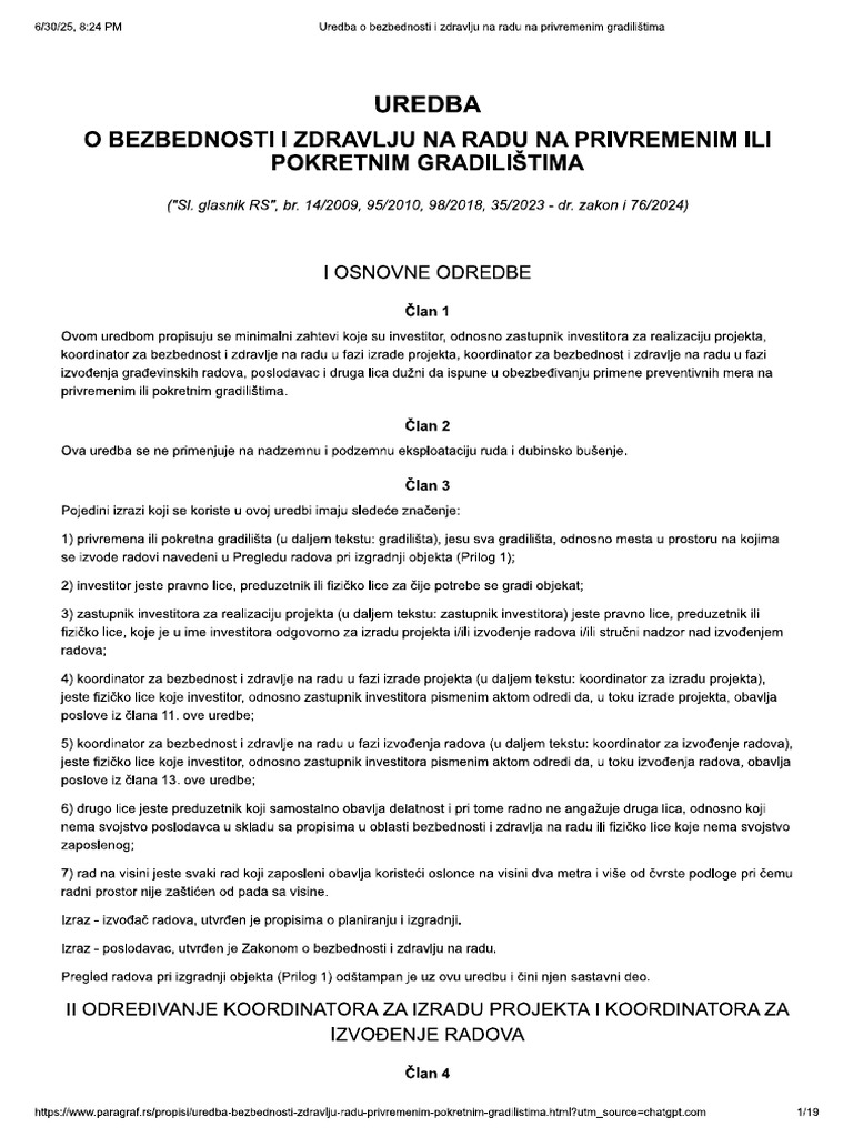 Uredba o Bezbednosti I Zdravlju Na Radu Na Privremenim Gradilištima | PDF