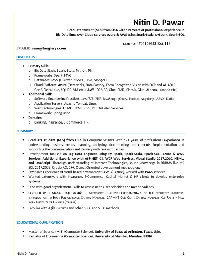 Resume - Nitin Pawar - Azure - Syne | PDF | Map Reduce | Apache Hadoop