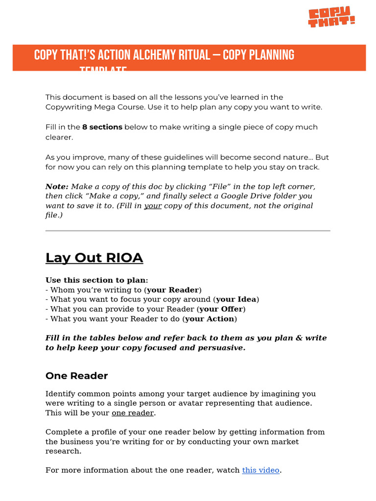 Copy That!'s Copy Planning Template | PDF | Attention