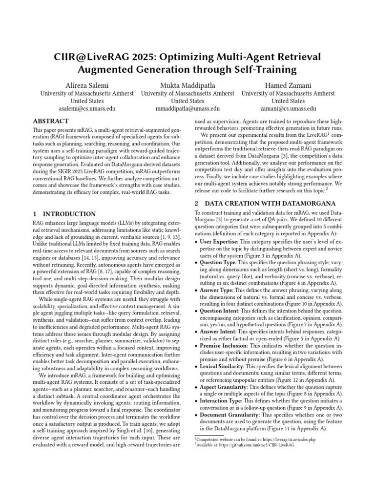 CIIR@LiveRAG 2025 Optimizing Multi-Agent Retrieval Augmented Generation Through Self-Training ...