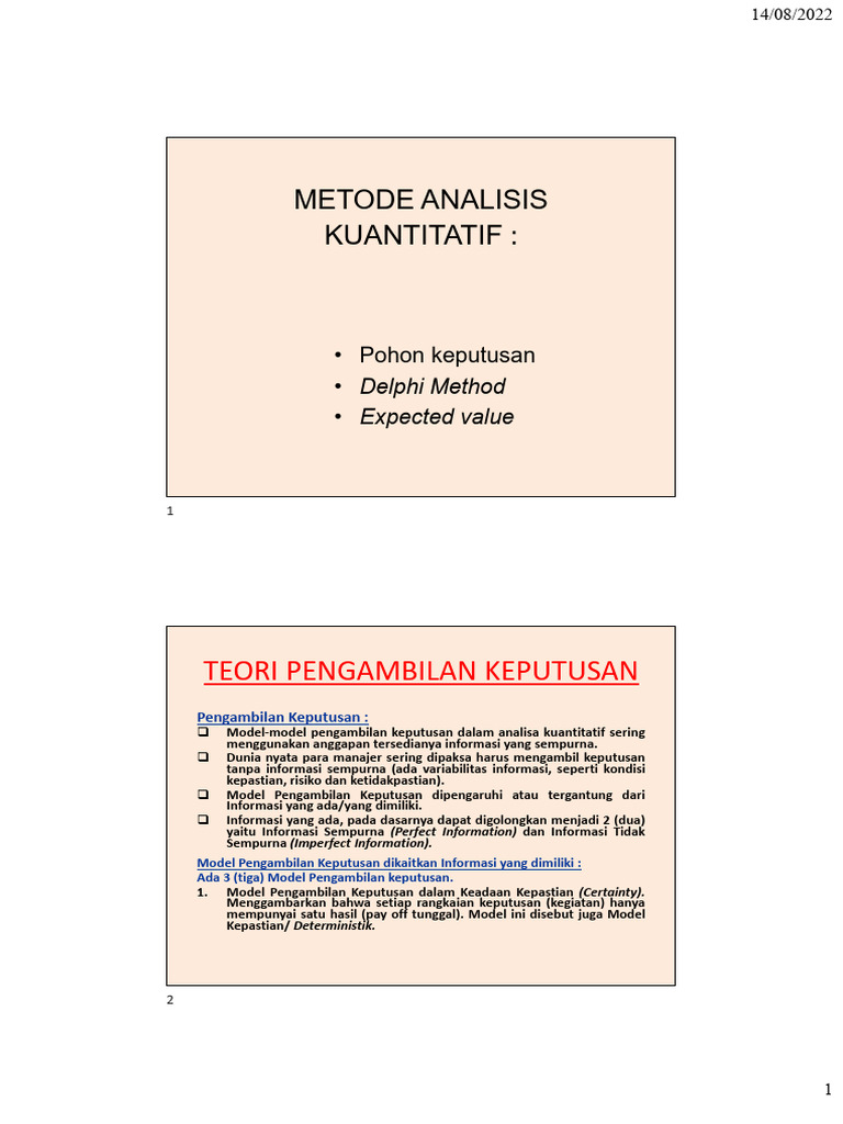 Metode Analisa Kuantitatif - Pohon Keputusan, Delphi Dan Expected Value | PDF
