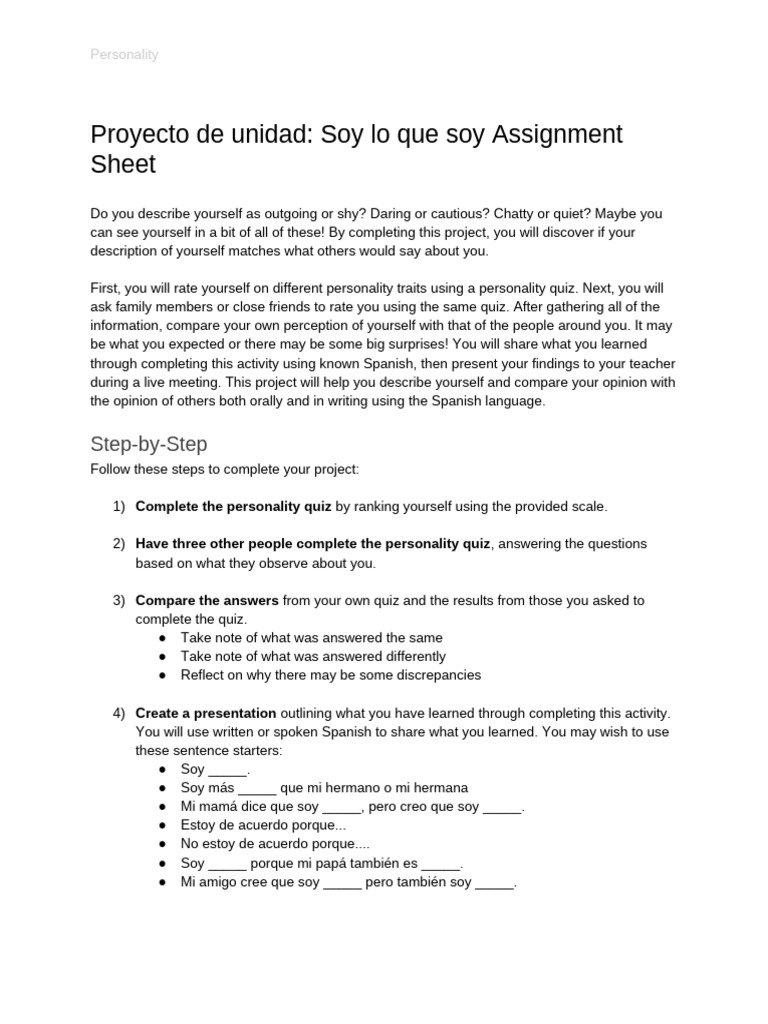 SP09 U1 W9.1 - Proyecto de Unidad Soy Lo Que Soy Assignment Sheet | PDF ...