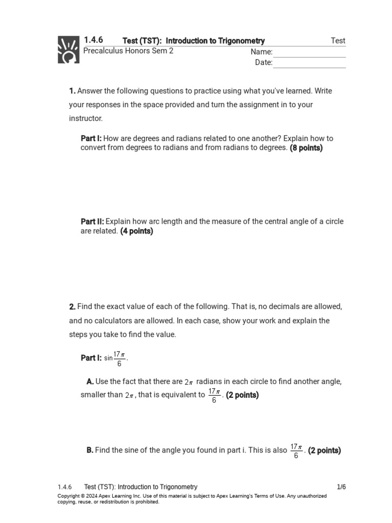 Trigonometry Test Preparation Guide | PDF | Trigonometry | Angle