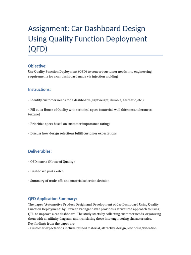 Car Dashboard QFD Design Overview | PDF