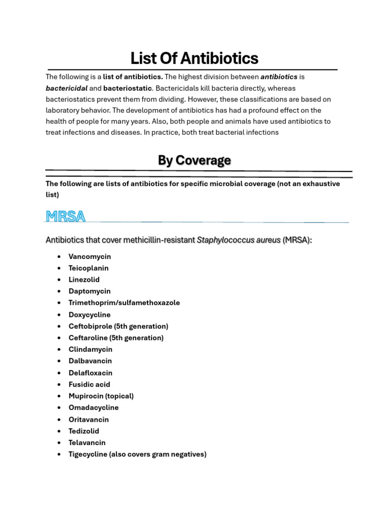 List of Antibiotics by Coverage (MRSA, Pseudomonas, Etc.) Mobius Dick ...