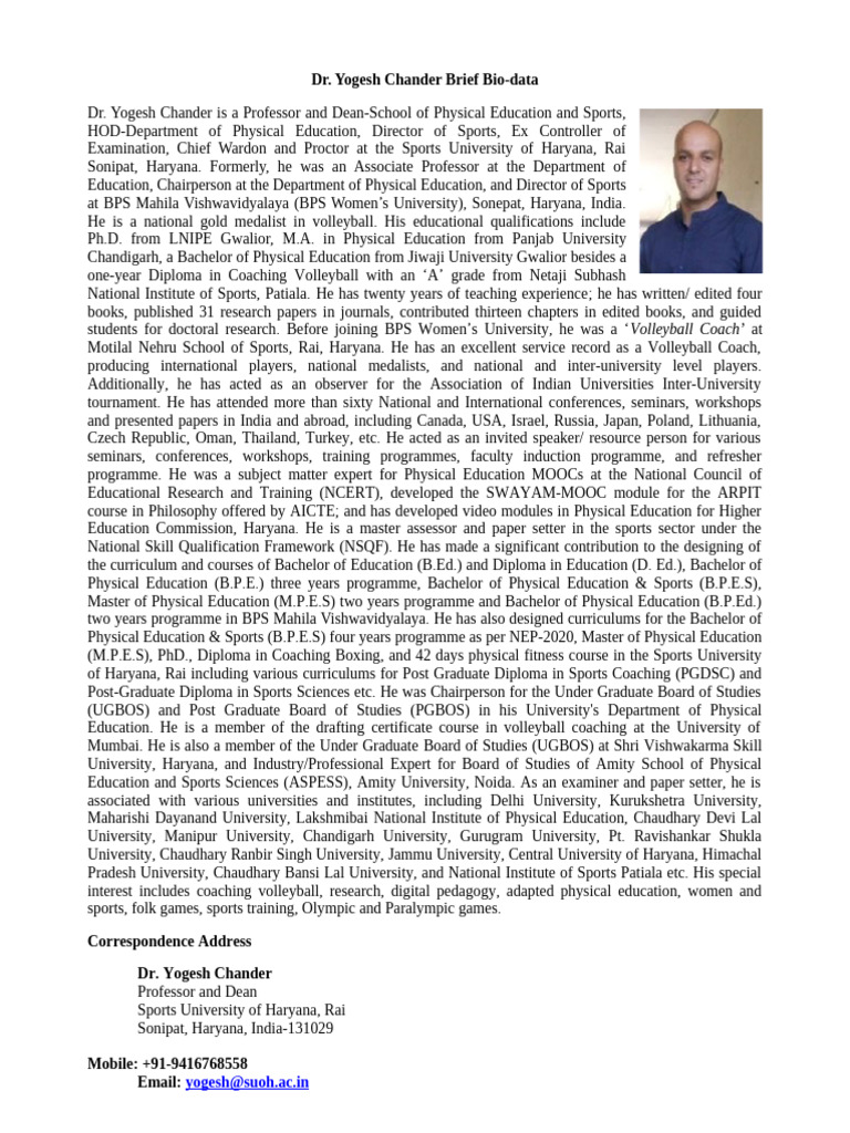 Dr. Yogesh Chander: Sports Education Leader | PDF | Diploma ...