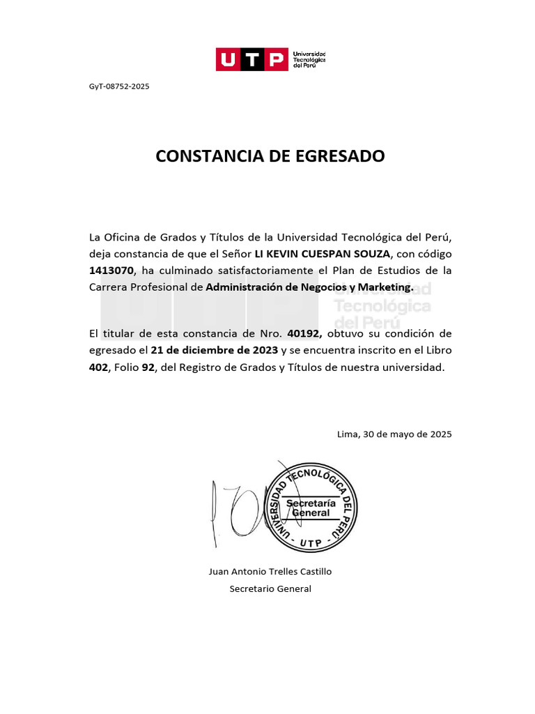 Constancia Egresado UTP | PDF