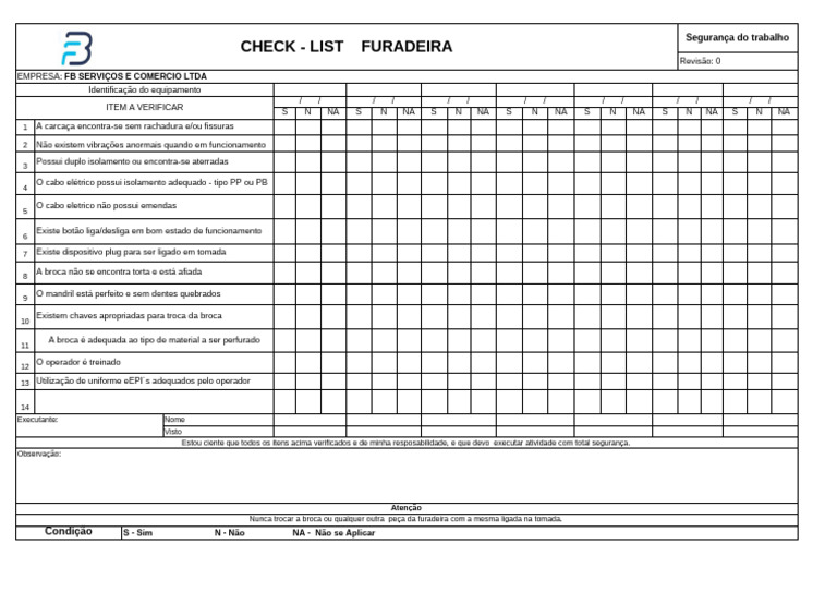 Checklist de Segurança para Furadeira | PDF