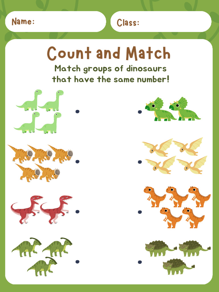 Dinosaur Count and Match Worksheet in Green Illustrated Style | PDF
