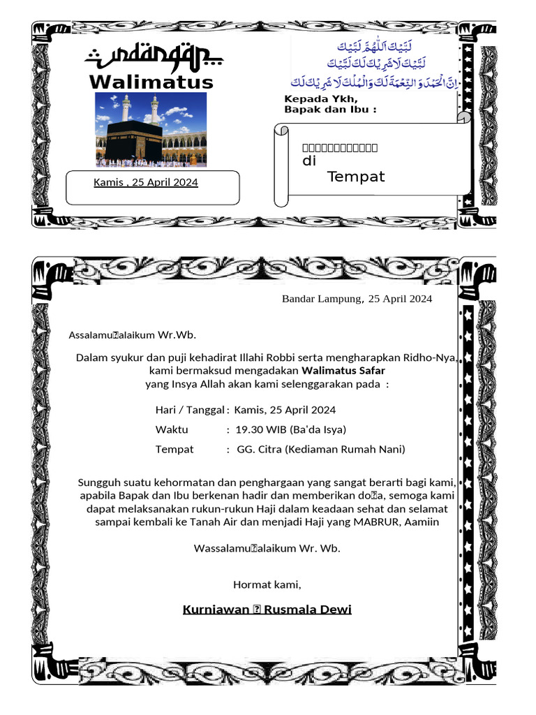 Undangan Walimatus Safar 25 April 2024 | PDF