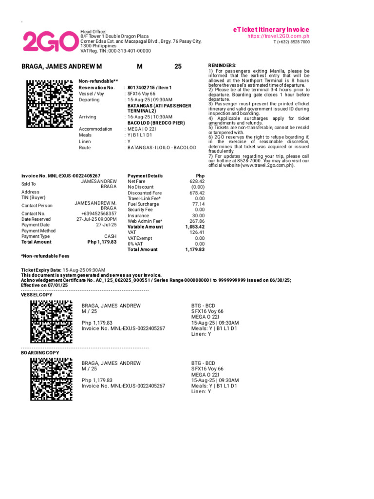 2GO eTicket Itinerary and Invoice | PDF