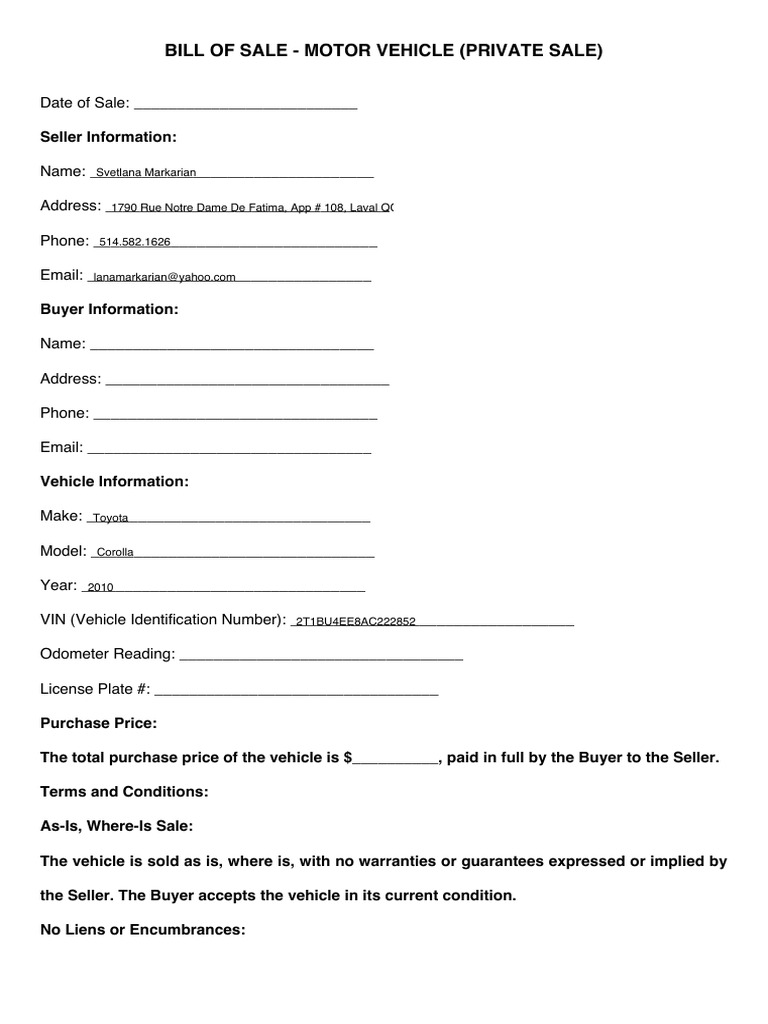 Toyota Corolla Bill of Sale | PDF