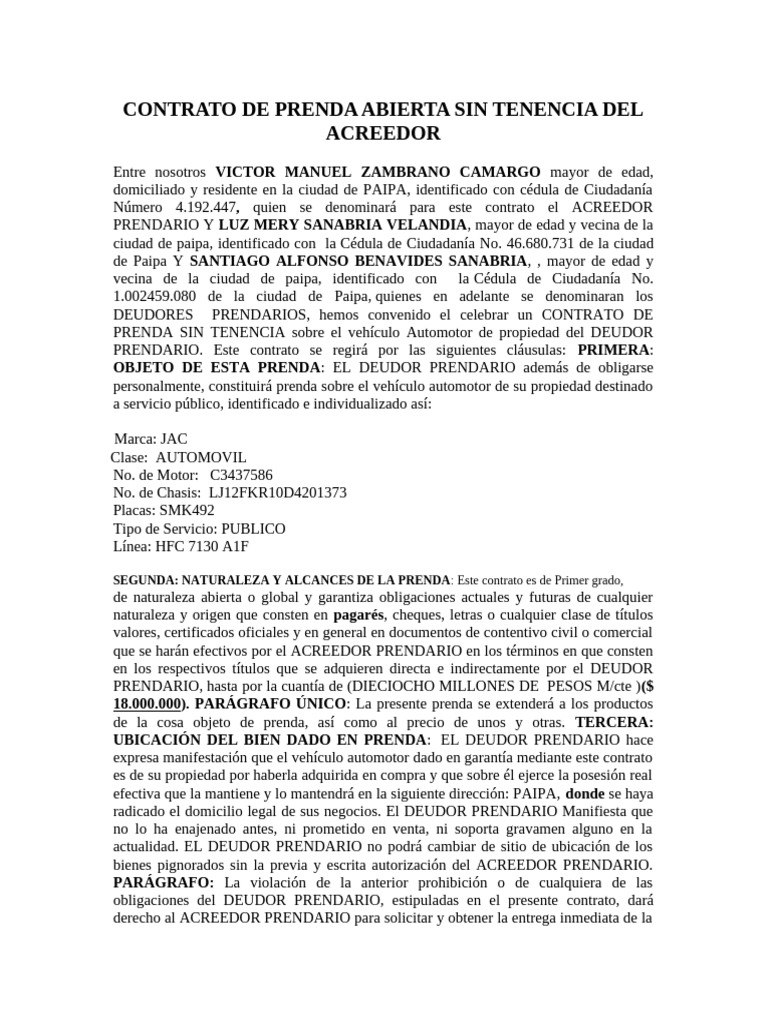 Contrato de Prenda Abierta Vehicular | PDF | Póliza de seguros | Pagos