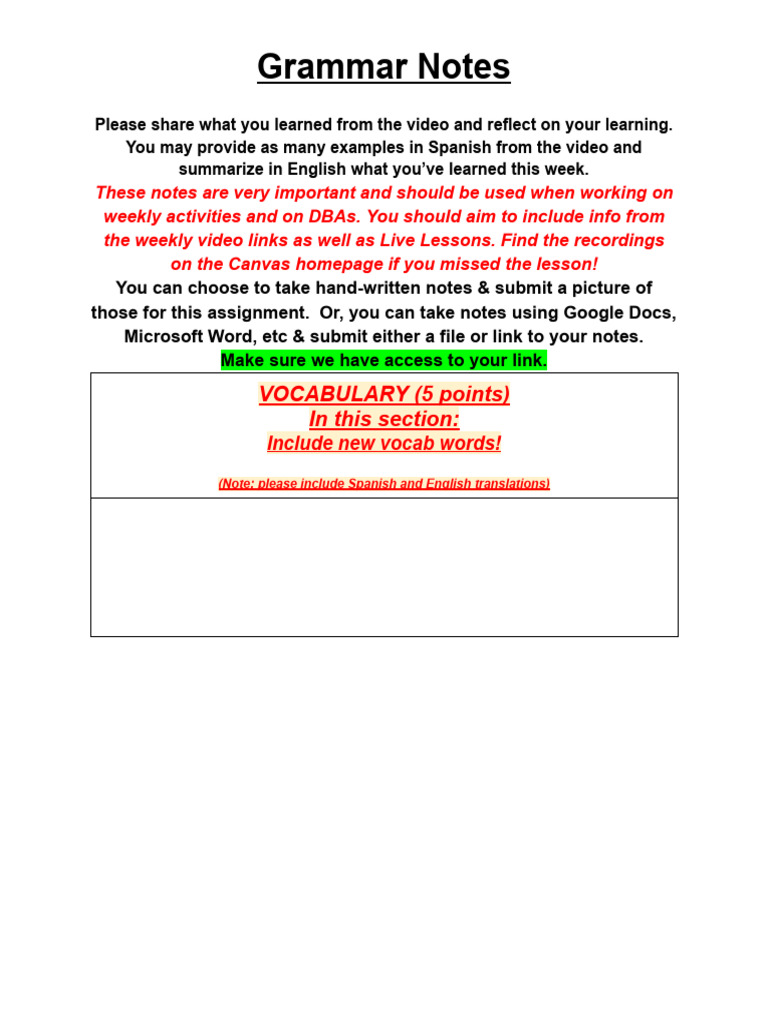 Grammar Notes Spanish 1 - Vocab + Grammar + Verbs | PDF
