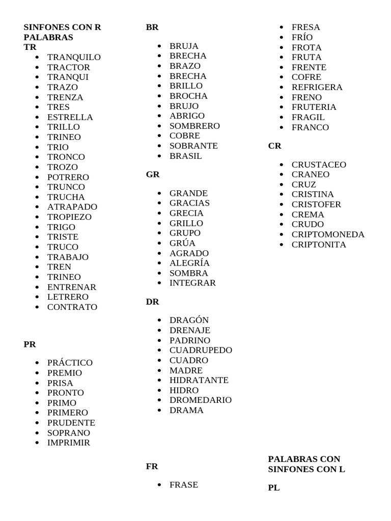 Sinfones Con R y L Palabras | PDF