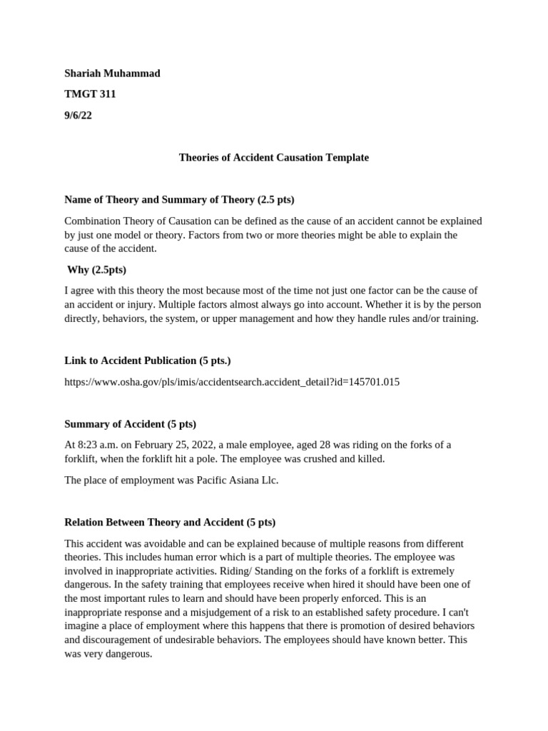 Theories of Accident Causation Template | PDF