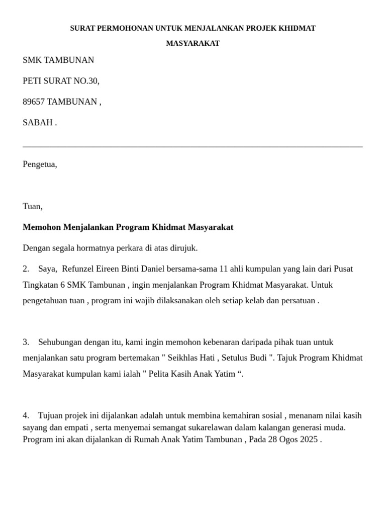 Surat Permohonan Untuk Menjalankan Program Khidmat Masyarakat | PDF