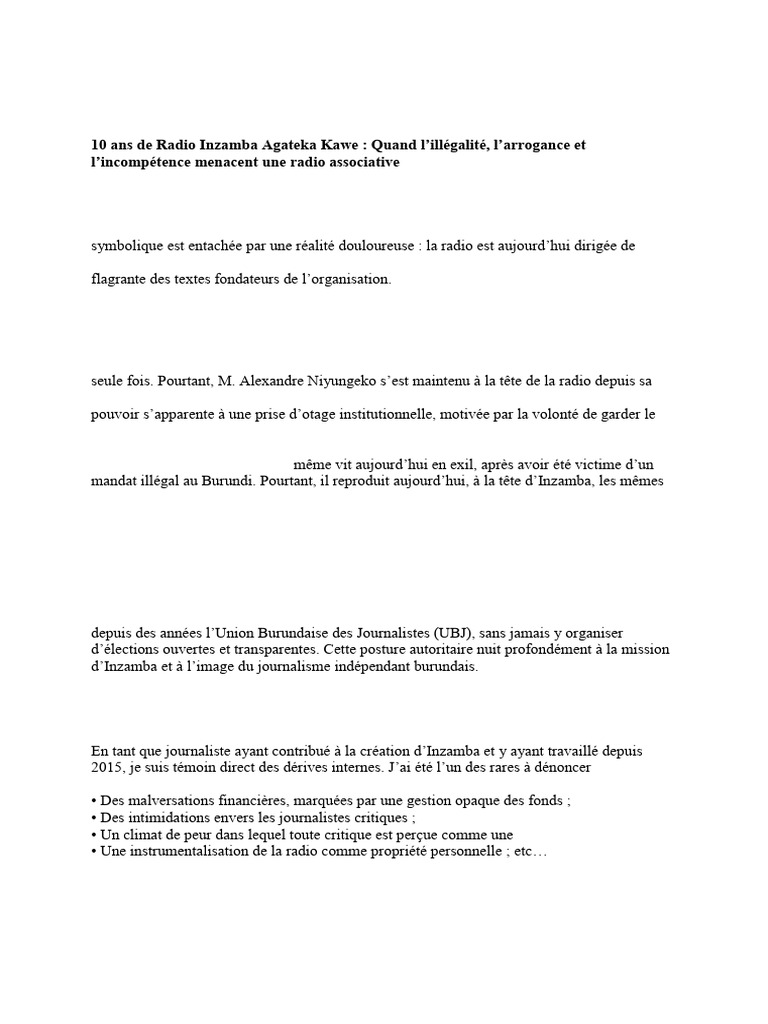 Crise et abus à Radio Inzamba Agateka Kawe | PDF | Démocratie ...