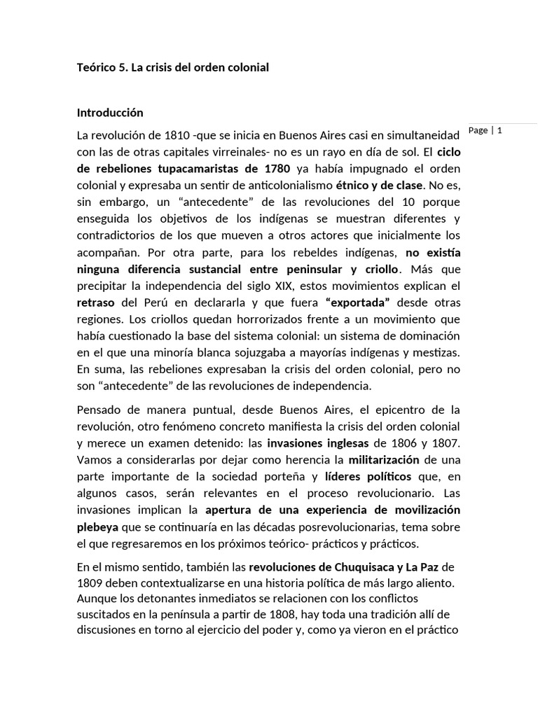 Teórico 5. La crisis del orden colonial | PDF