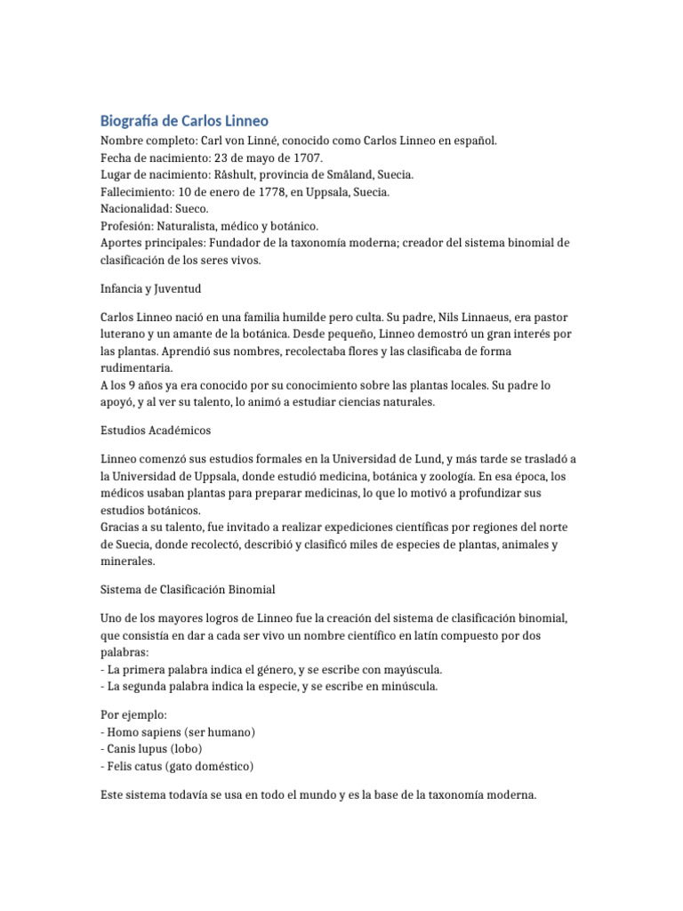 Biografía de Carlos Linneo y sus aportes | PDF | Biología