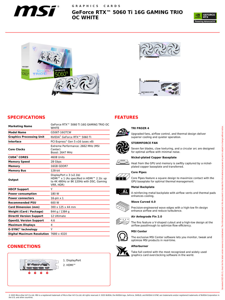 Geforce Rtx 5060 Ti 16g Gaming Trio Oc White | PDF | Hdmi | Graphics Processing Unit