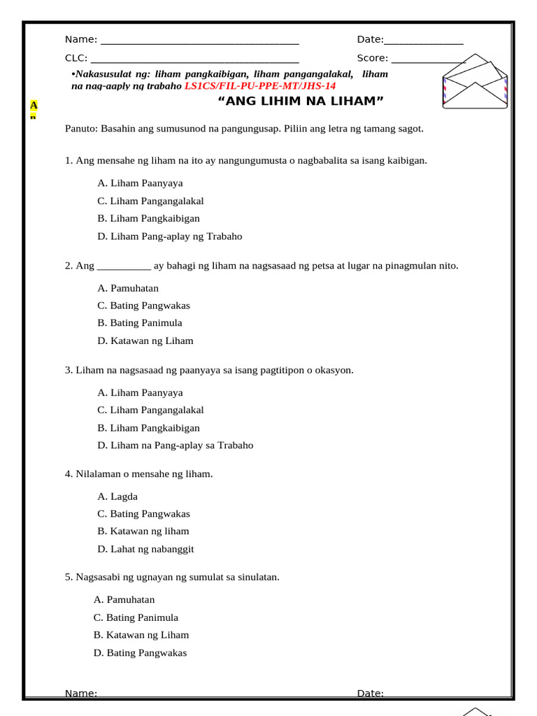 2-ANG LIHIM NA LIHAM-DLP-worksheets | PDF