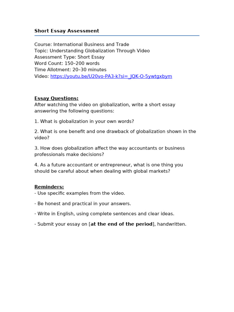 Short Essay Assessment Globalization | PDF