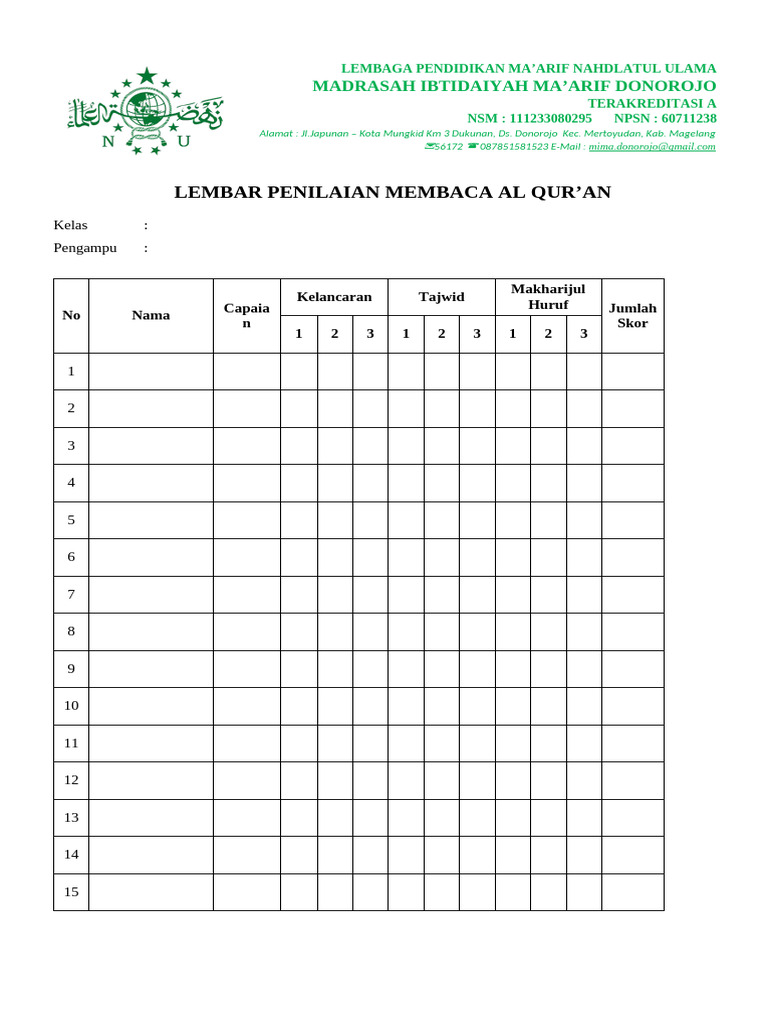 Lembar Penilaian Baca Quran | PDF