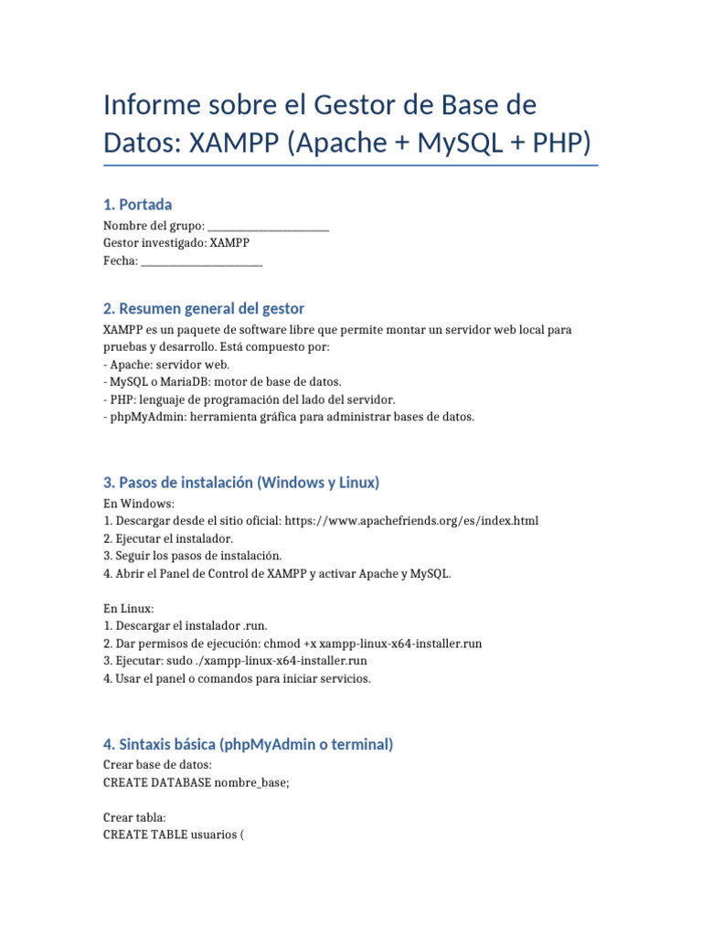 Informe XAMPP Completo | PDF | Mi sql | Desarrollo web