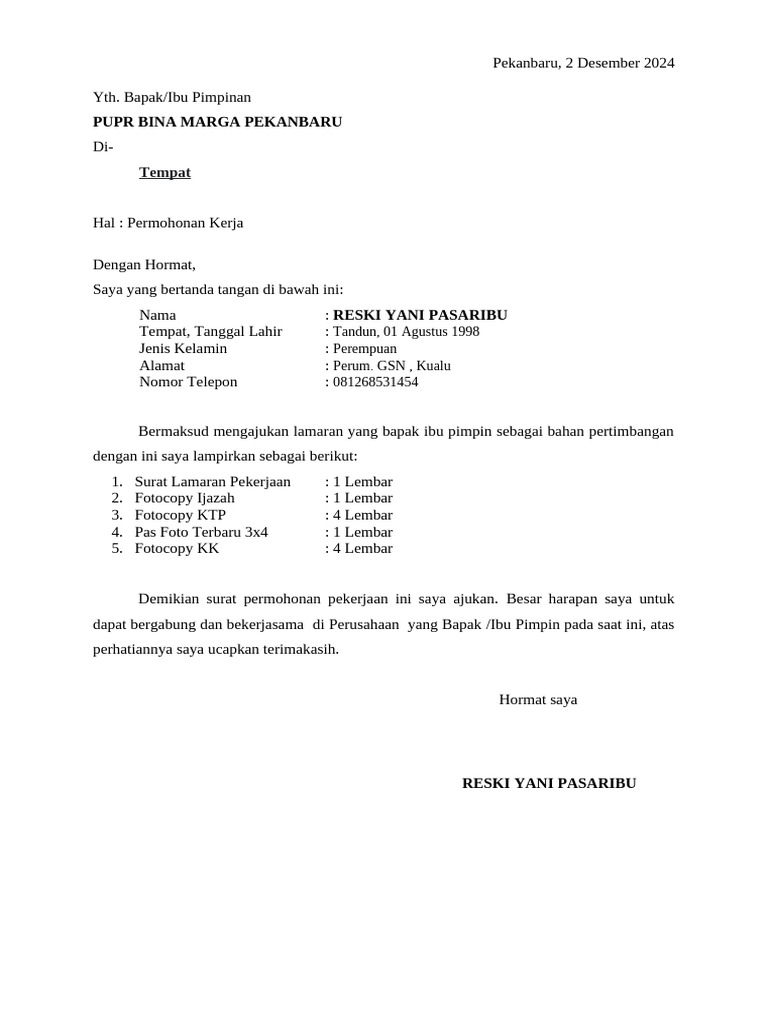 Surat Lamaran Reski Yani Pasaribu | PDF